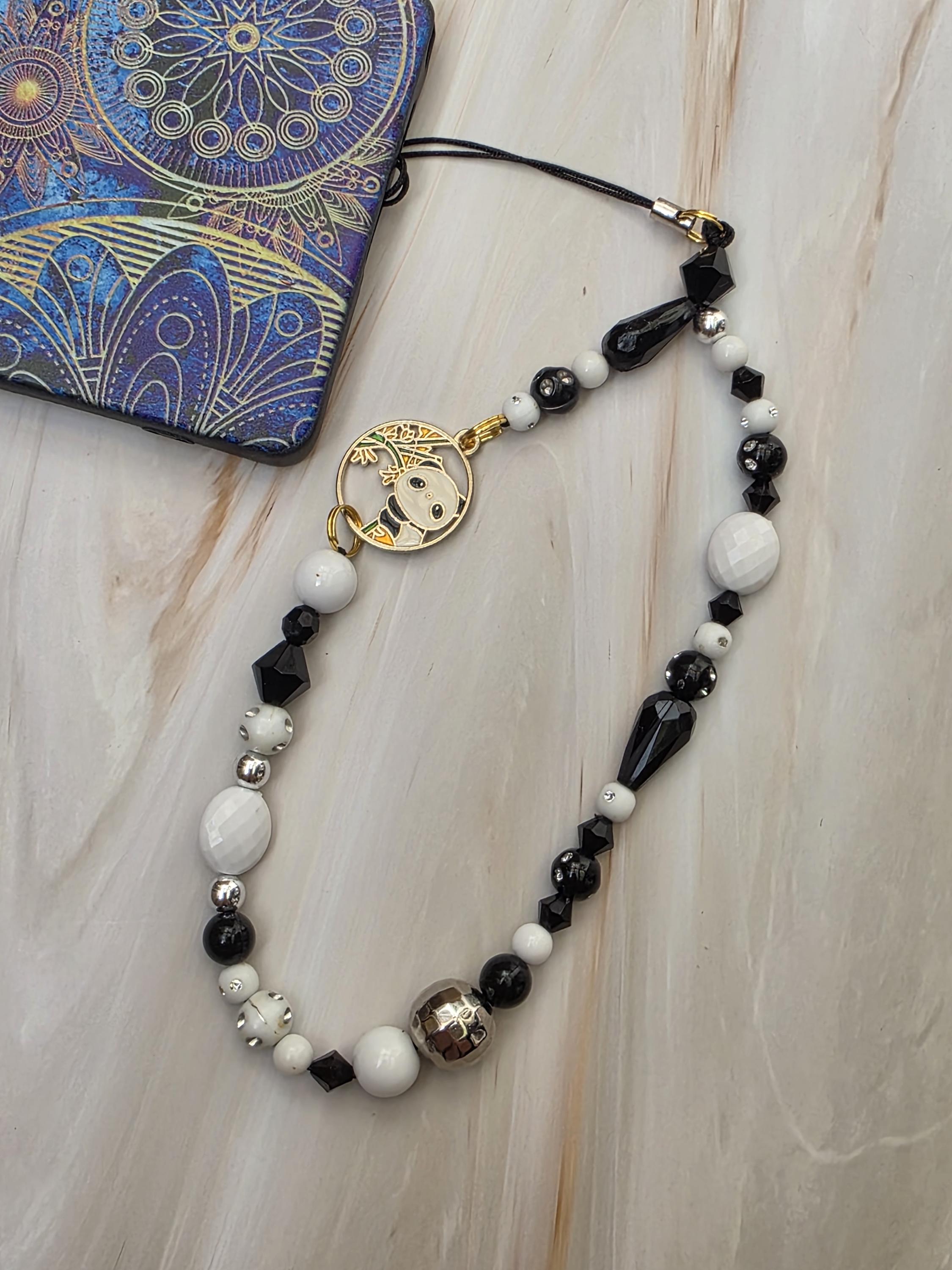 Panda Black - White Beaded Phone Strap Charm, Phone Accessories, Funky ...