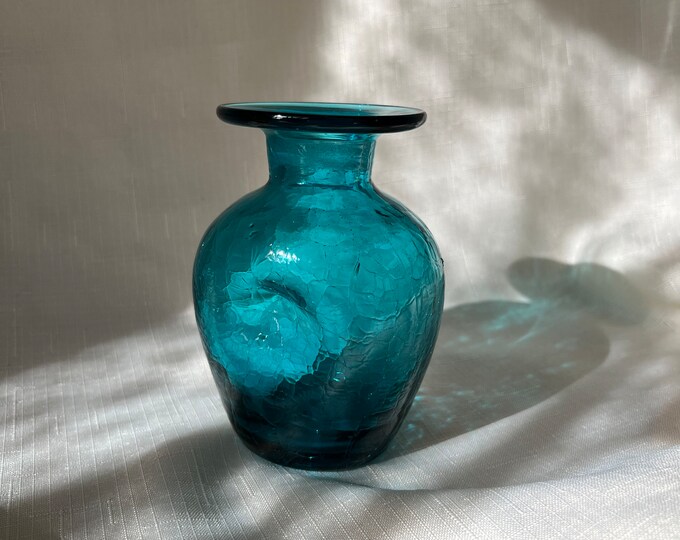 MCM Blue Teal Aqua Crackle Vase With Impressions on the Side, 1950s ...