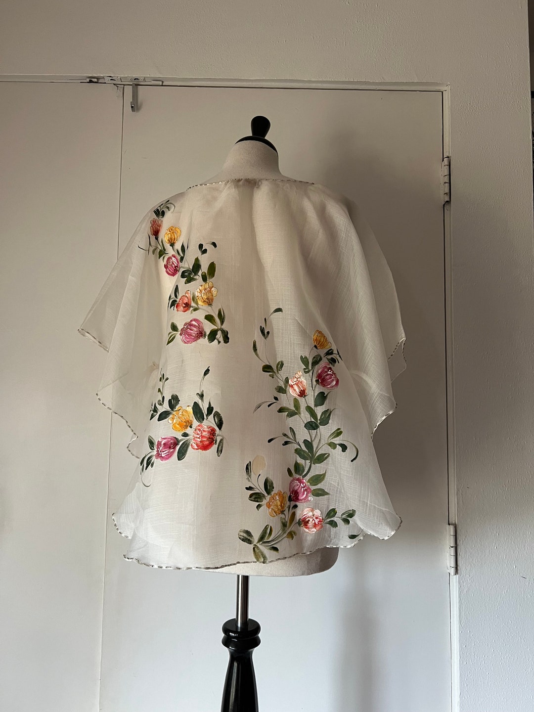 Spectacular White Hand Painted and Hand Beaded Floral Organza Top, Silk ...