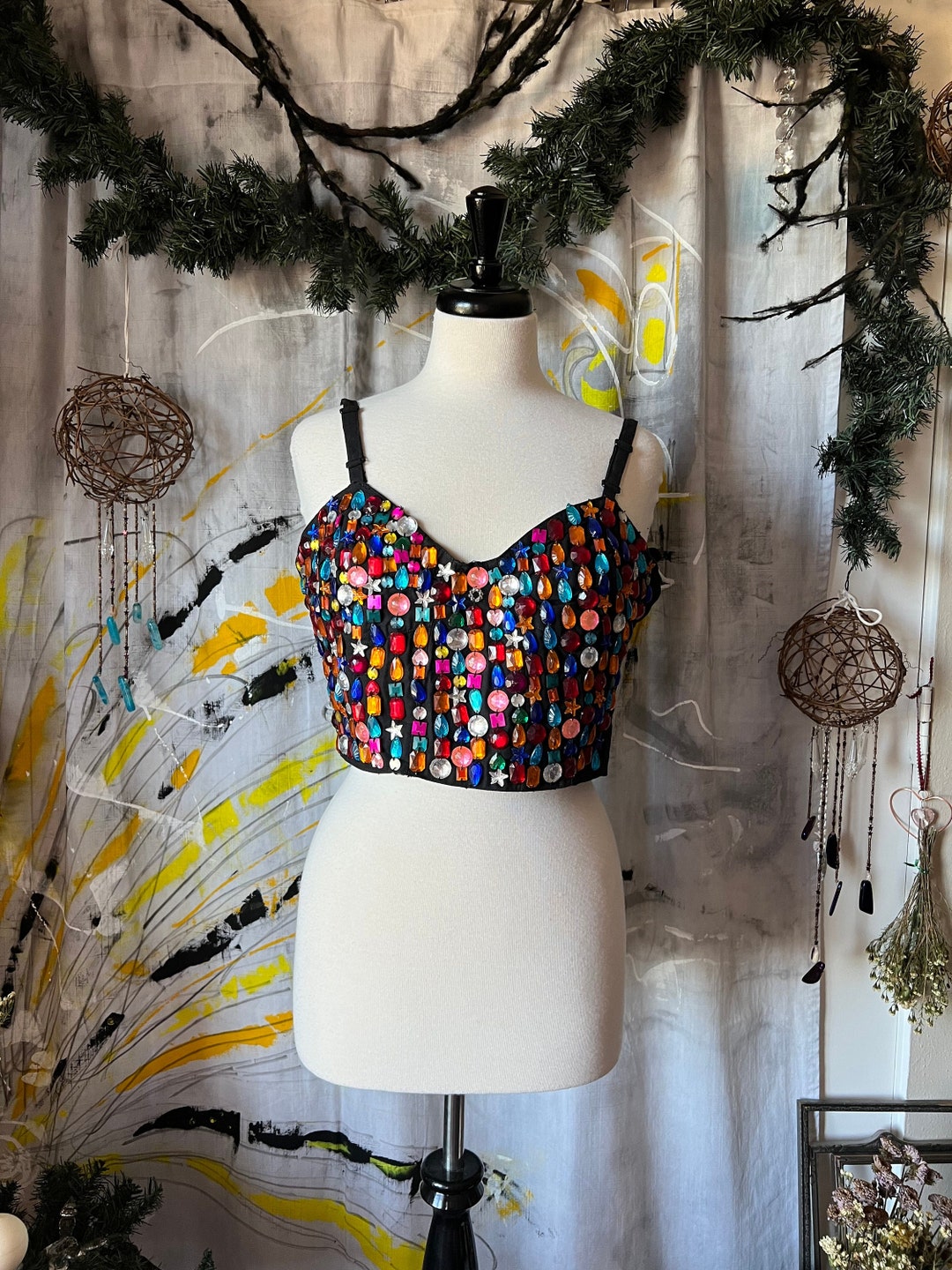 Black Corset Bustier Top Encrusted With Jewels With Original Tags, 33 ...
