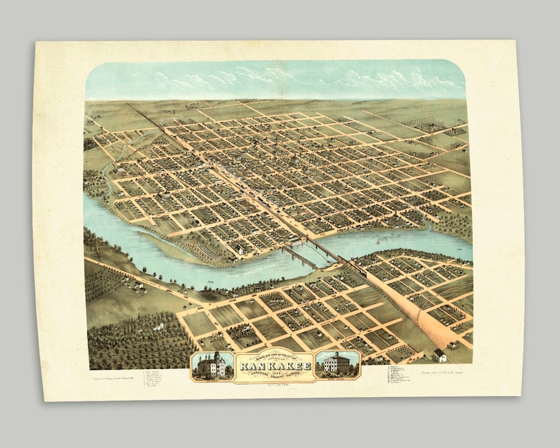 Bird's Eye View of the City of Kankakee, Kankakee County, Illinois 1869 ...
