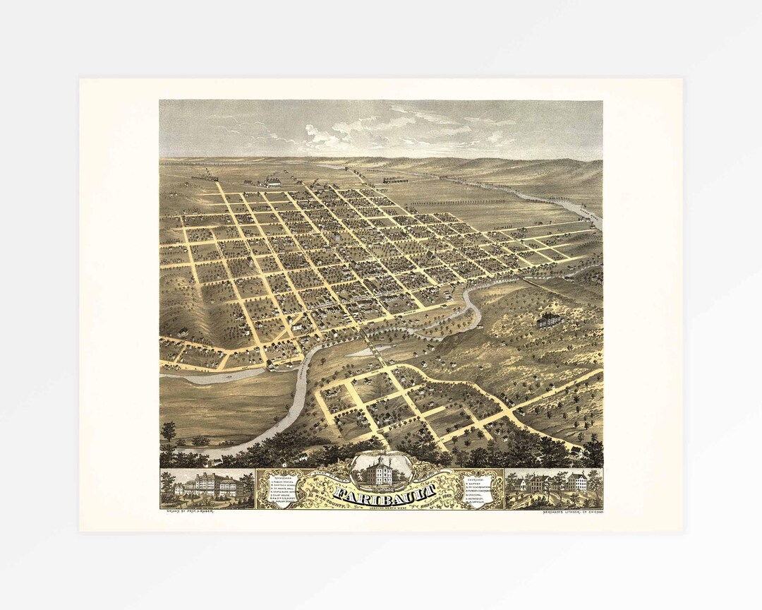 Old-fashioned Map of Faribault, Rice County, Minnesota, USA | old Map ...