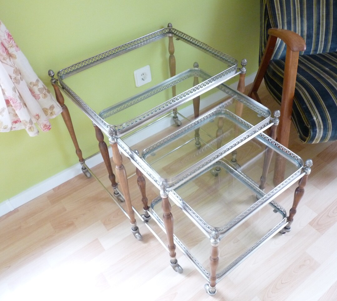 Vintage Set of 3 Serving Trolleys, Nesting Tables, Hollywood Regency ...