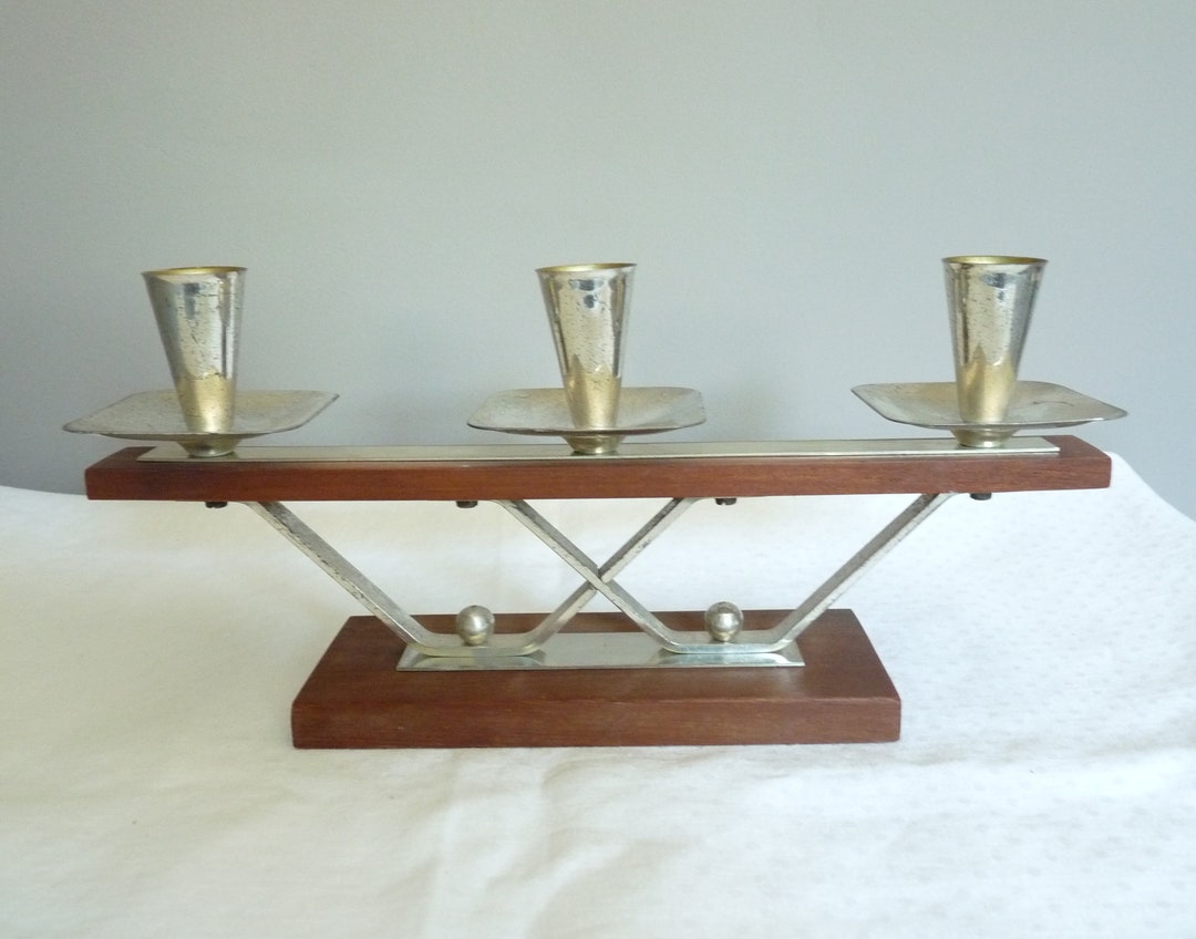 Vintage Mid-century Teak & Silver Metal German Candle Holder, Three ...