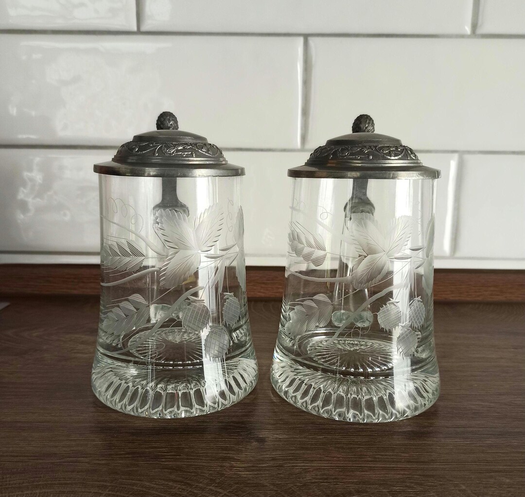 Crystal Glass Beer Stein, German Beer Mug, Glass Beer Jug, Pewter Lid ...