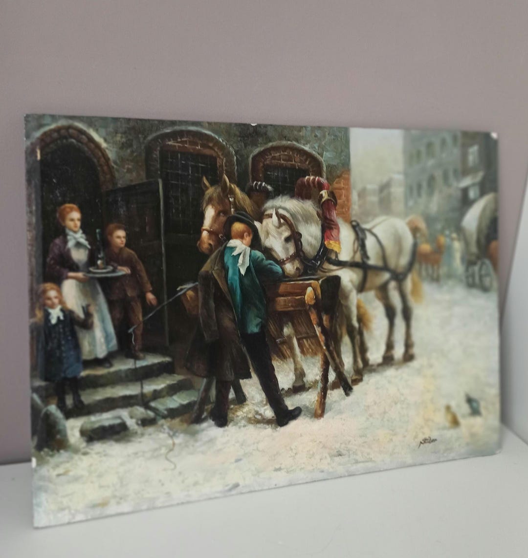 Vintage Oil Painting, Feeding Horses in Front of an Inn in Winter After ...