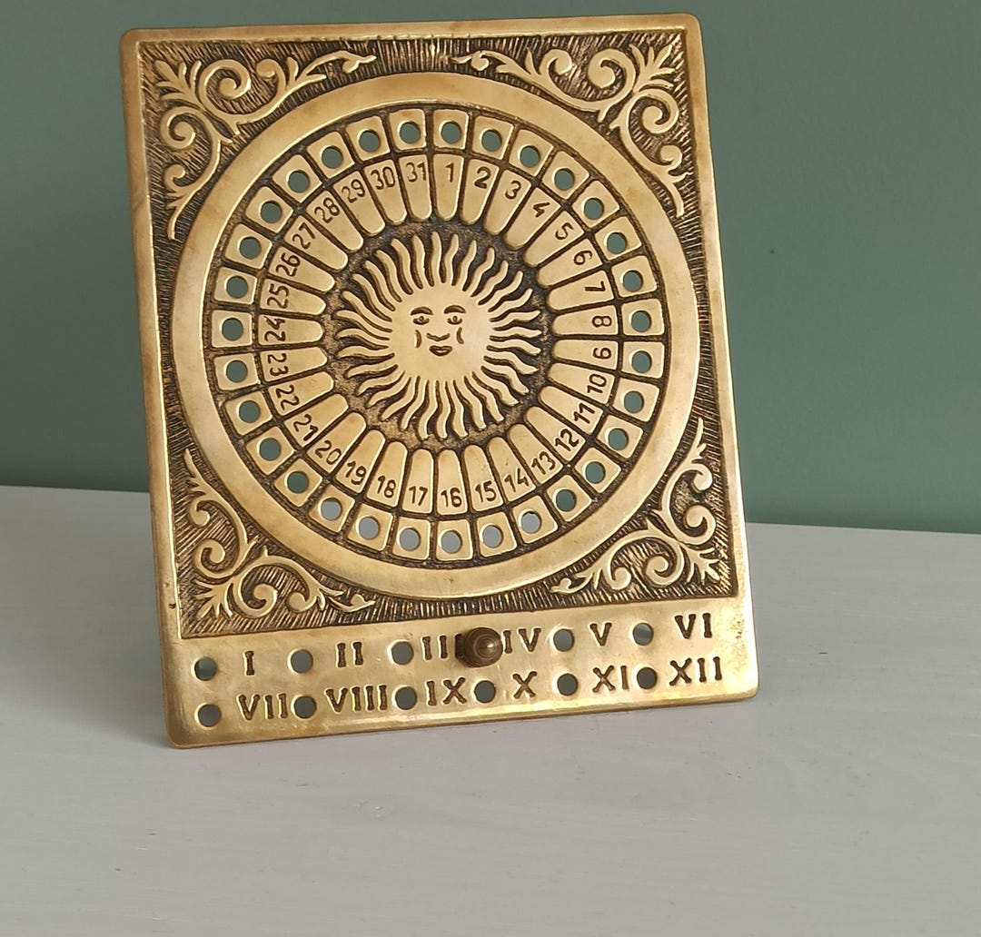 Vintage Solid Brass Perpetual Calendar, Brass Table Calendar, Brass Sun ...