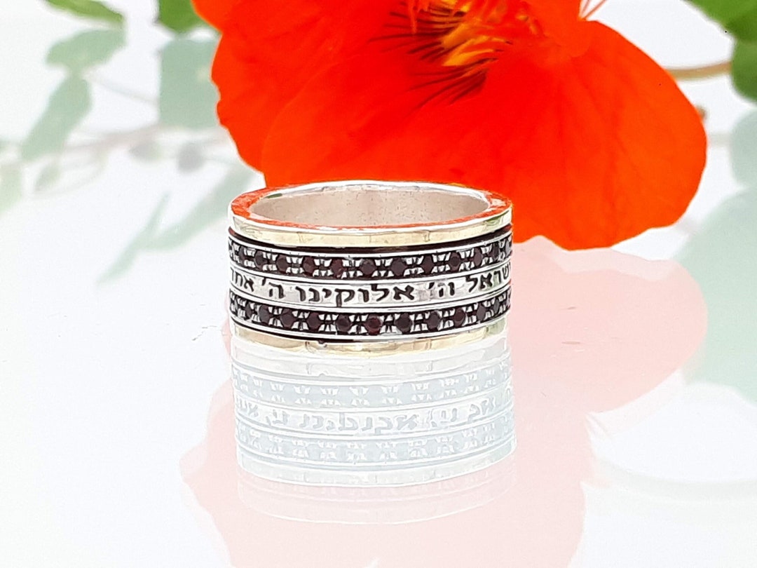 14K Gold & Silver Wide Spinner Ring, Garnet Hebrew Prayer Ring, Jewish ...