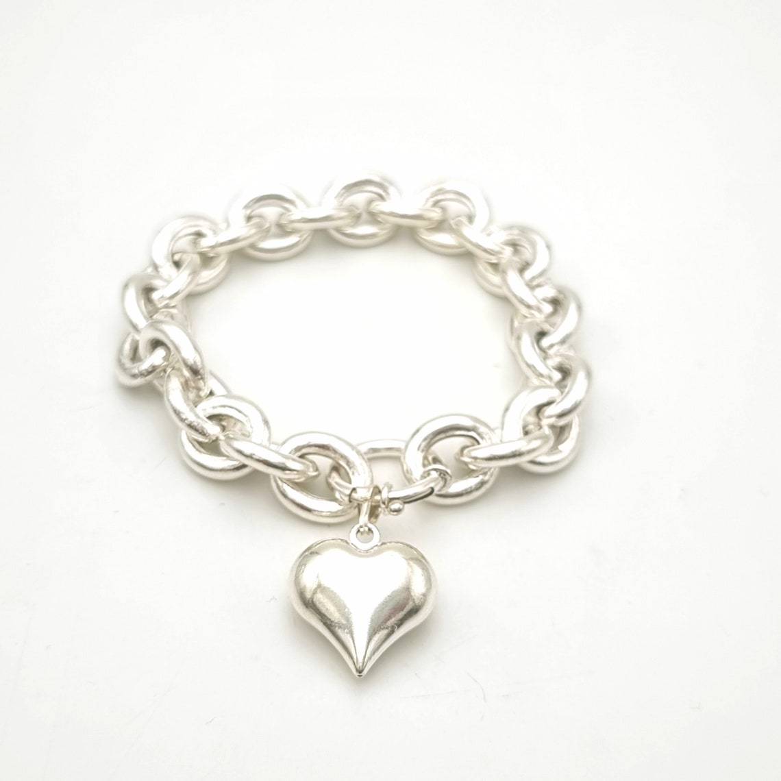 Silver Heart Bracelet, Heart Charm, Silver Chain, Chunky Heart Chain ...