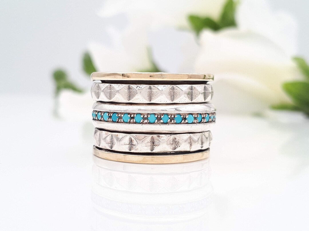 Wide Spinner Ring, 14K Solid Gold & Turquoise Stones Ring, Two Tone ...