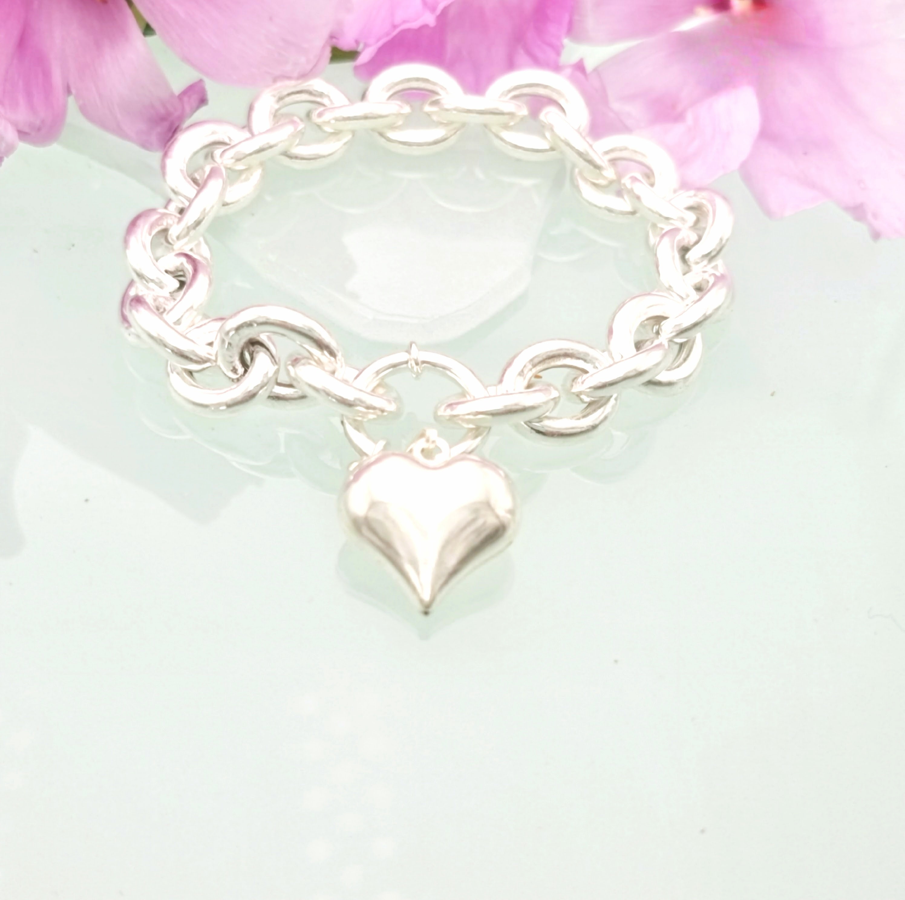 Silver Heart Bracelet, Heart Charm, Silver Chain, Chunky Heart Chain ...