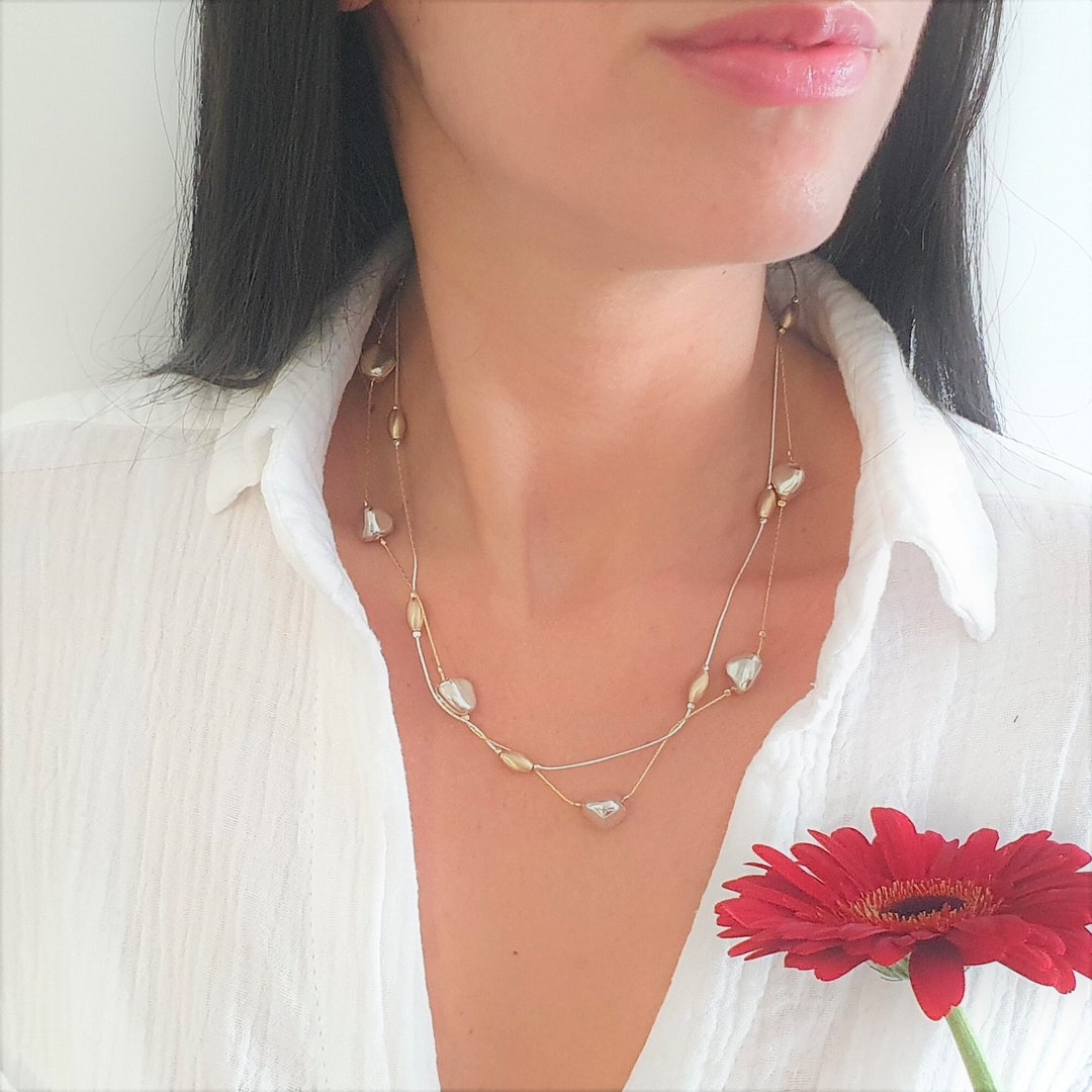 Double Layered Necklace, Set of Two Necklaces, Gold and Silver Necklace ...