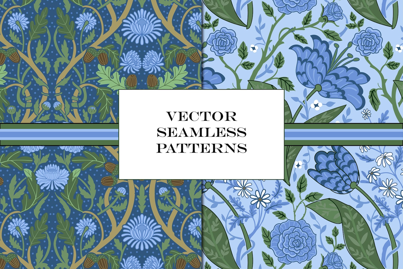 William Morris Style Floral Patterns: Blue & Green Digital Paper (PNG ...