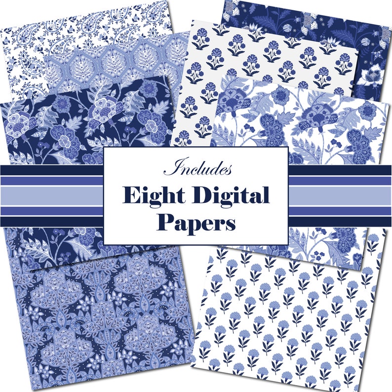 Blue & White Indian Block Print Patterns: Seamless Digital Paper (PNG ...