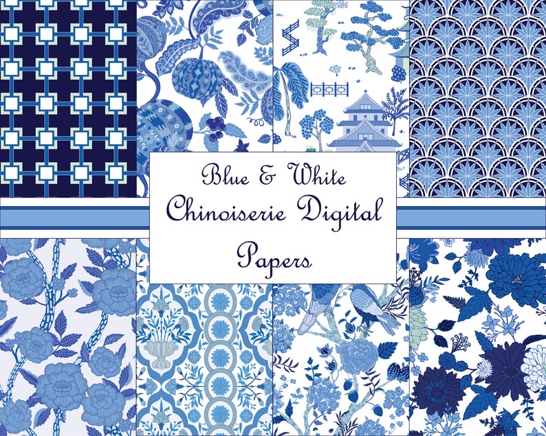 Chinoiserie Digital Paper, Blue and White Patterns, Repeat Patterns ...