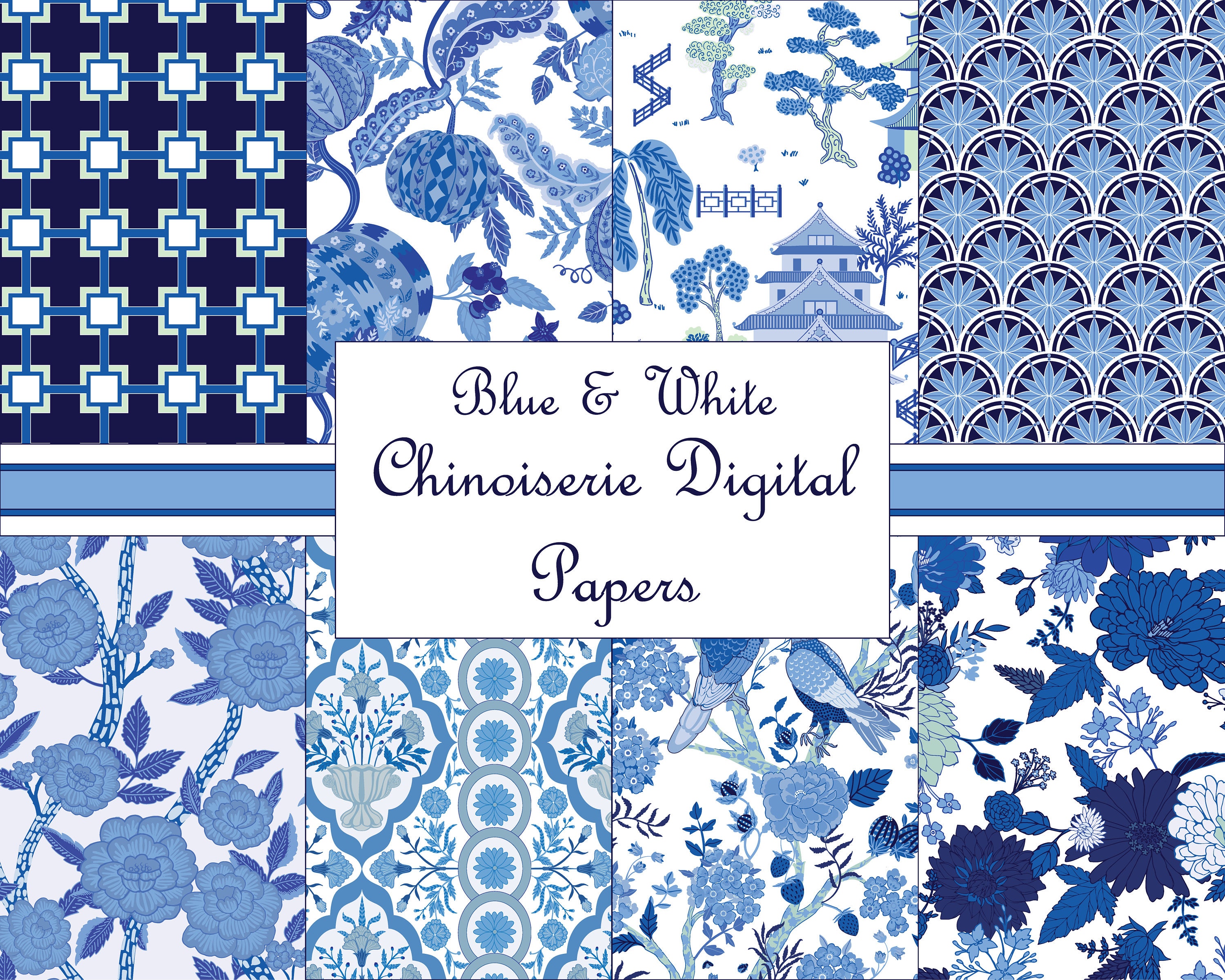 Chinoiserie Digital Paper, Blue and White Patterns, Repeat Patterns ...