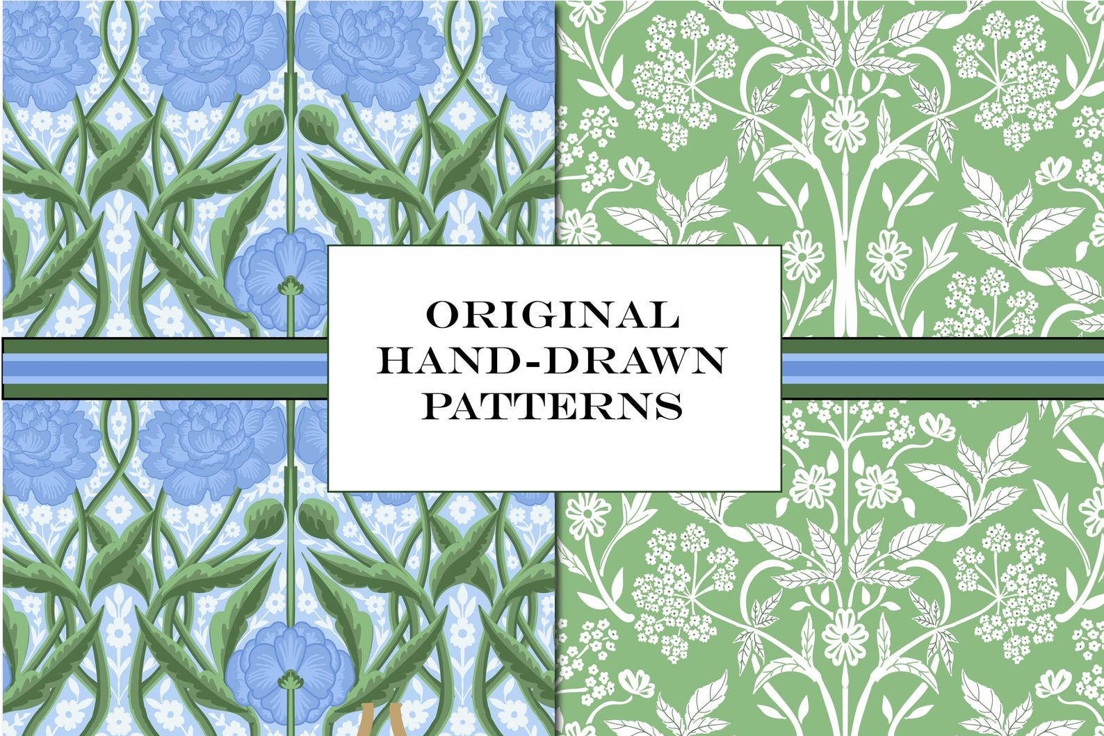 William Morris Style Floral Patterns: Blue & Green Digital Paper (PNG ...