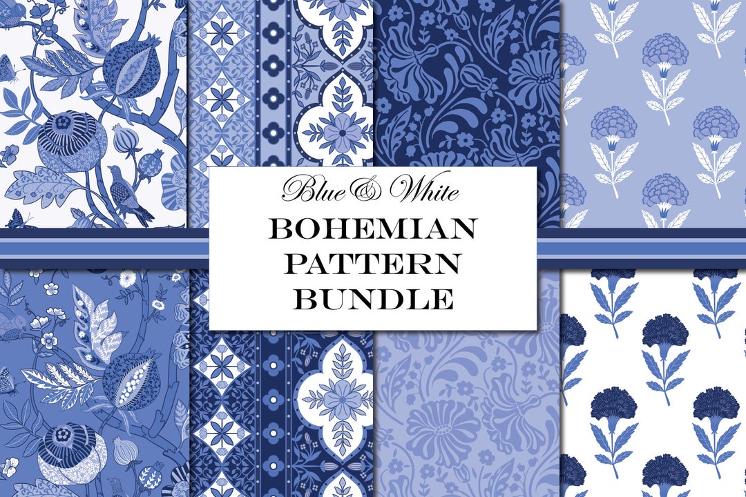 Blue and White Indian Pattern Bundle Digital Papers Scrapbooking Paper ...