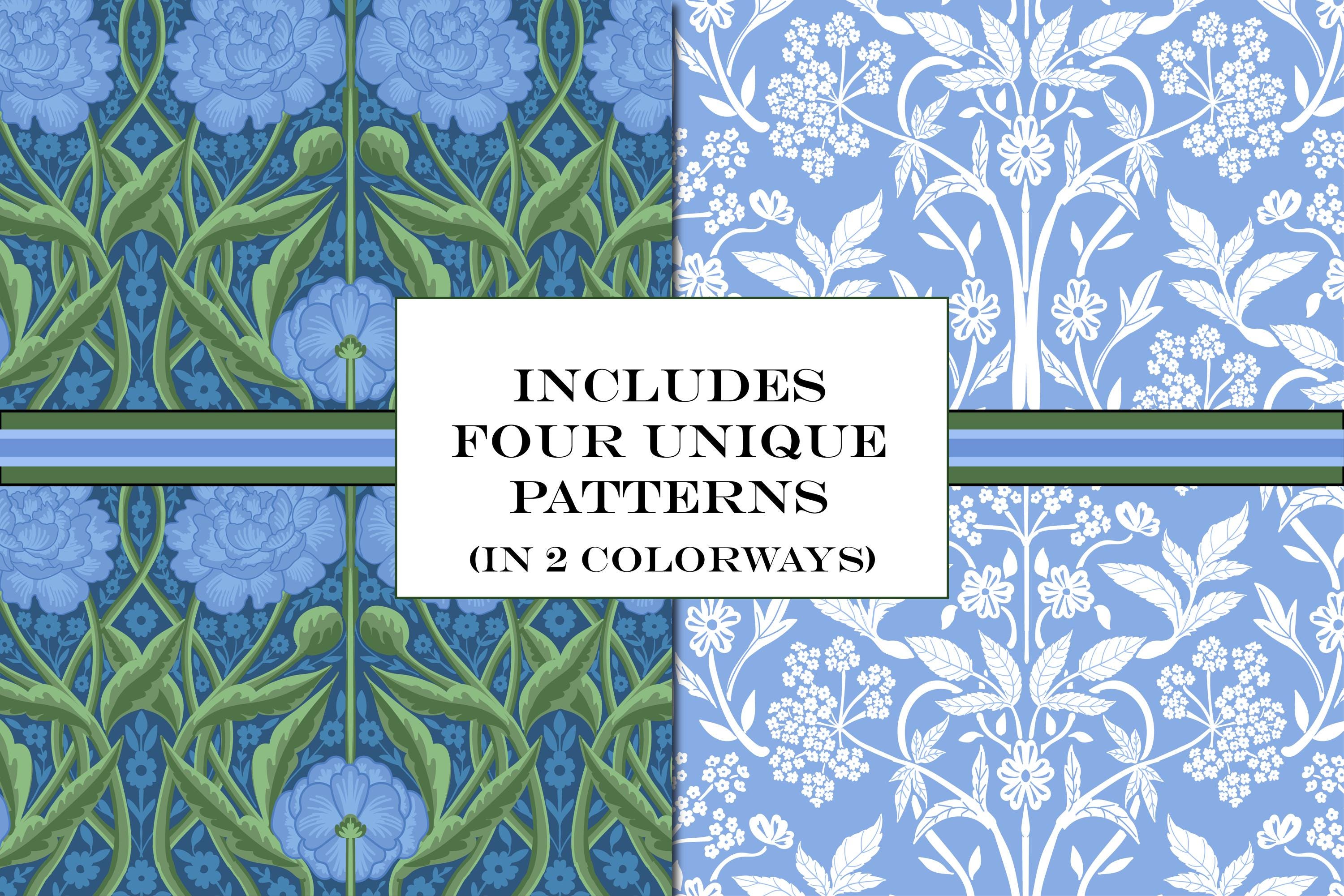 William Morris Style Floral Patterns: Blue & Green Digital Paper (PNG ...