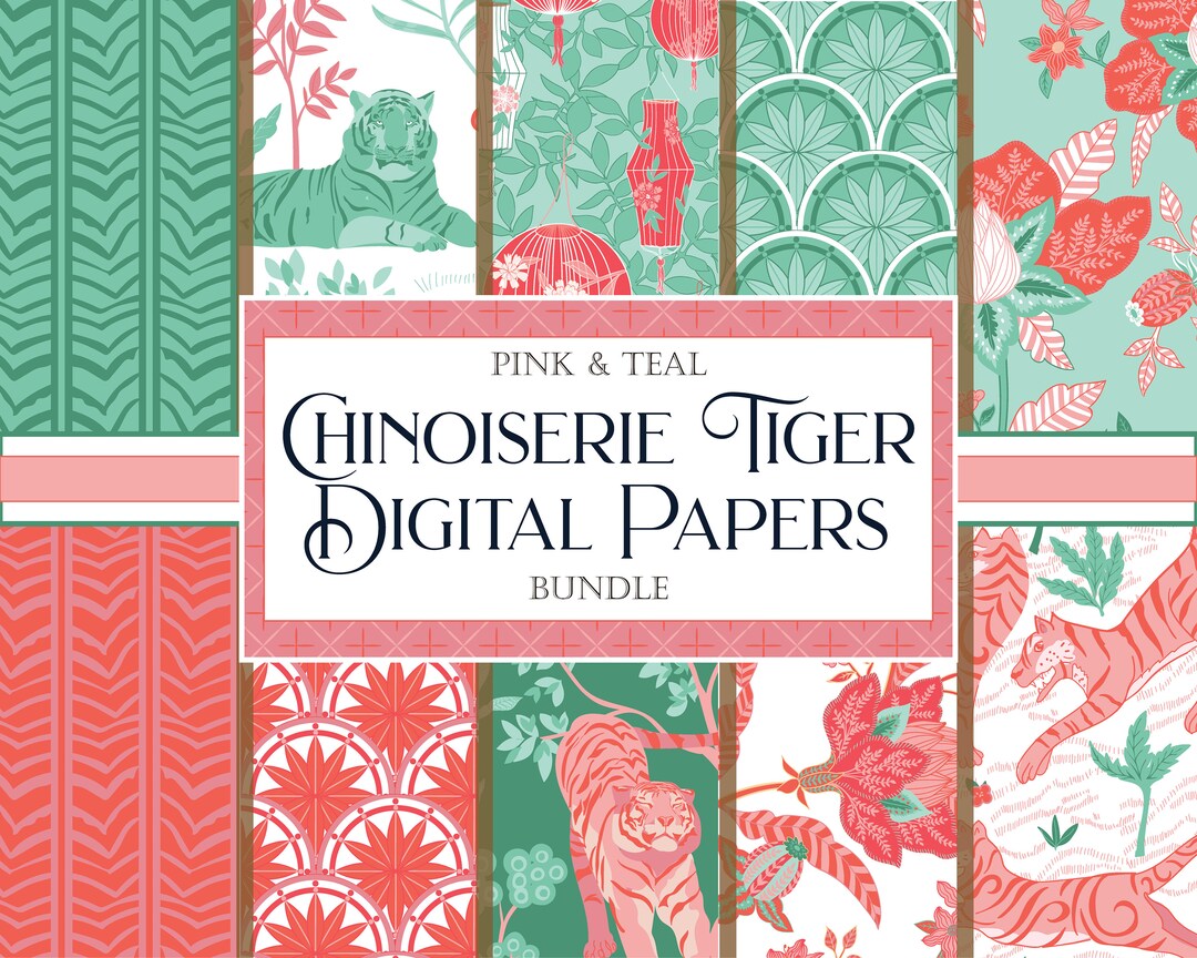 Pink & Teal Chinese Tiger Digital Paper: Chinoiserie Pattern Bundle ...