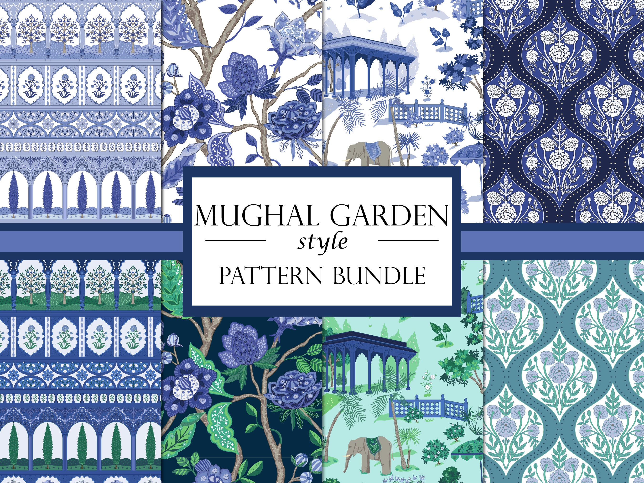Indian Patterns Digital Papers, Mughal Garden Blue and Green, Bohemian ...