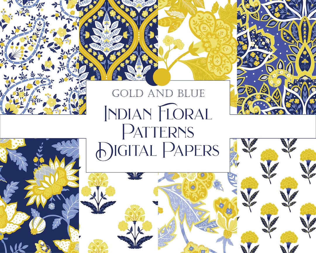 Blue & Gold Indian Floral Digital Paper: Boho Scrapbook Patterns ...