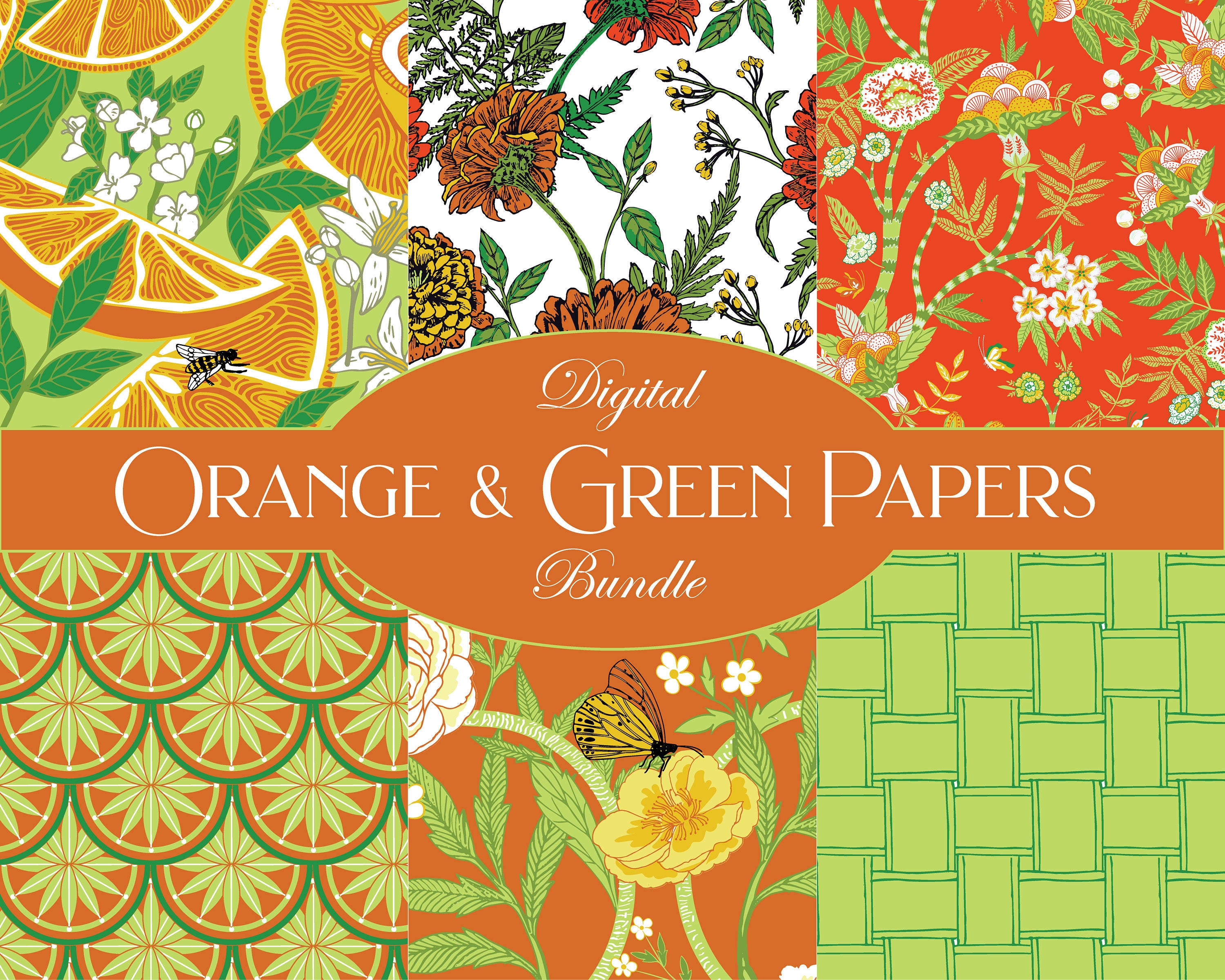 Orange and Green Digital Papers, Repeat Pattern Design, Floral Fall ...