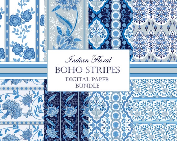 Boho Digital Papers Indian Patterns Blue and White Repeat - Etsy
