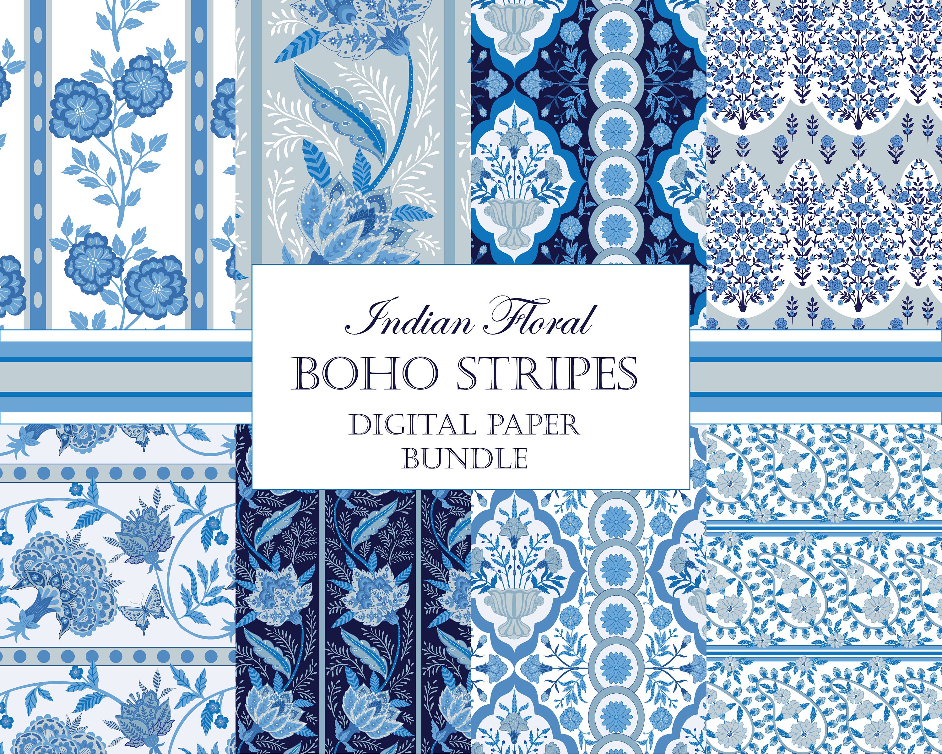 Boho Digital Papers, Indian Patterns, Blue and White Repeat Patterns ...