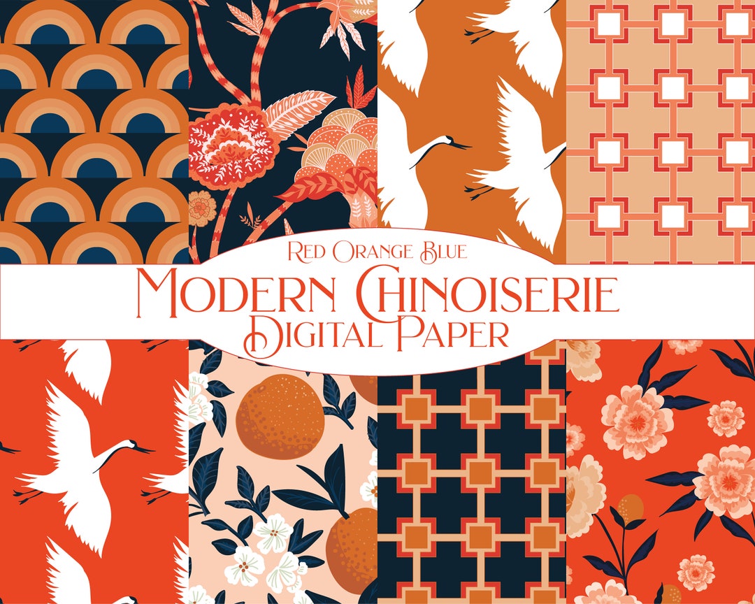 Asian Digital Papers, Modern Chinoiserie Digital Papers, Red Orange ...