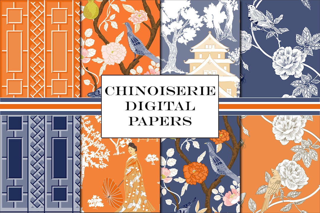 Chinoiserie Patterns Orange and Blue, Asian Style Patterns, Seamless ...