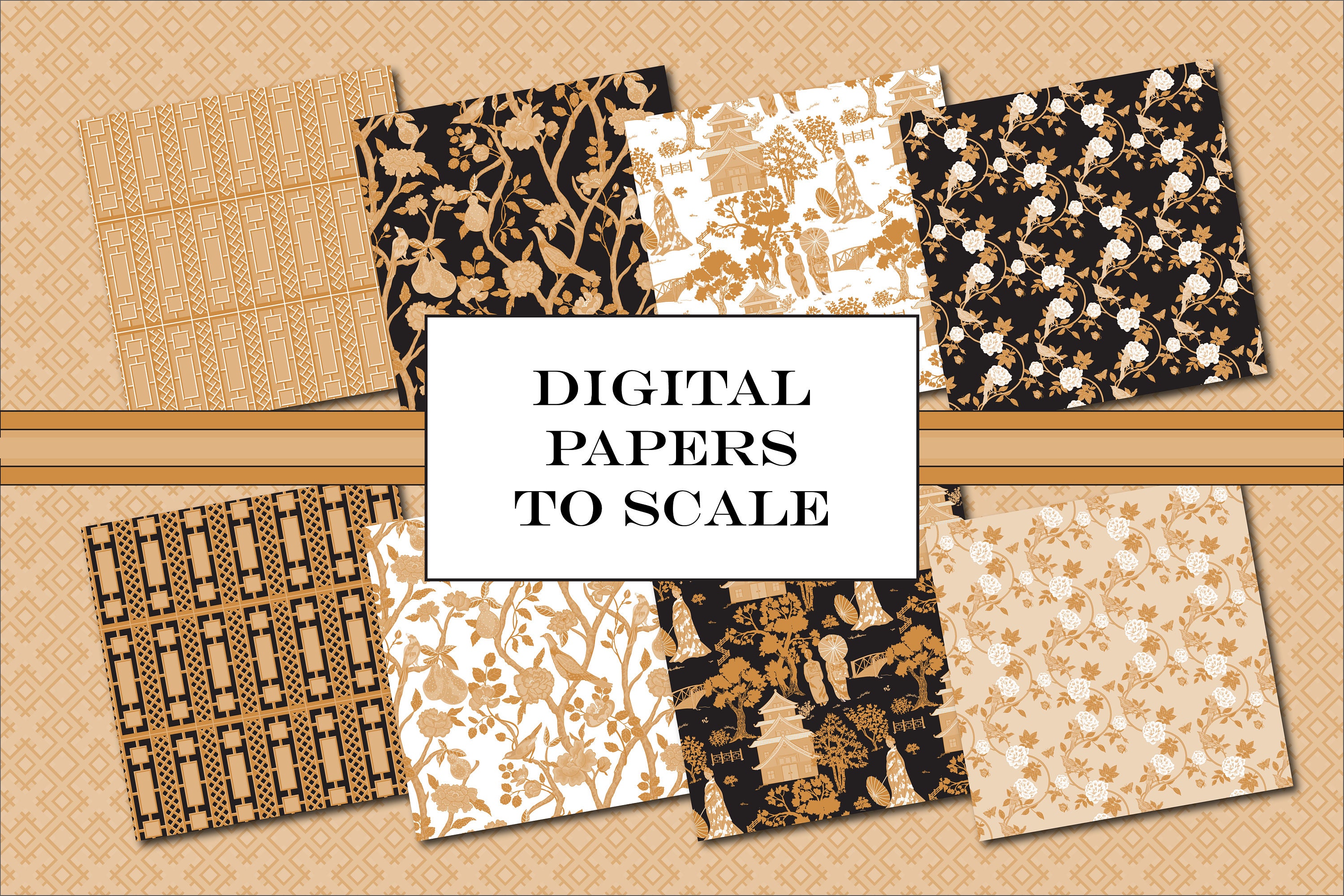 Chinoiserie Gold Digital Papers Black and Gold Seamless Patterns ...