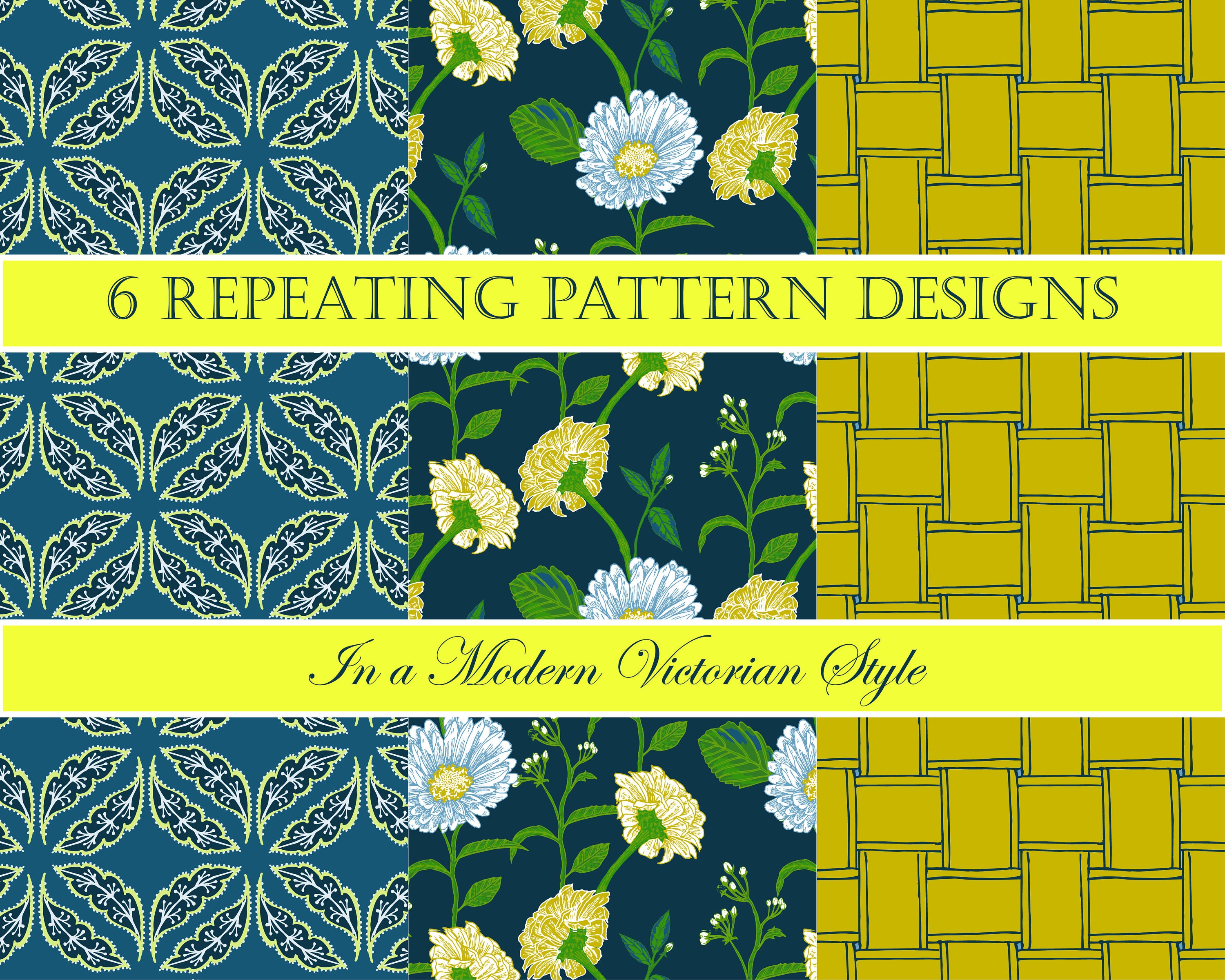 Modern Victorian Pattern Bundle in Yellow/blue, Garden Pattern Bundle ...