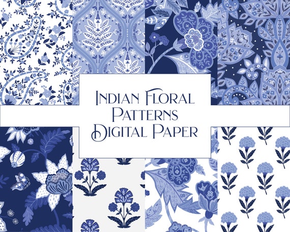 Boho Pattern Digital Paper Blue and White Wallpaper Chintz | Etsy