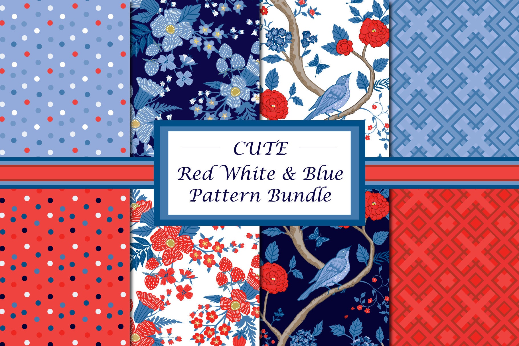 Red White and Blue Patterns, Digital Papers, Independence Day, Fourth ...