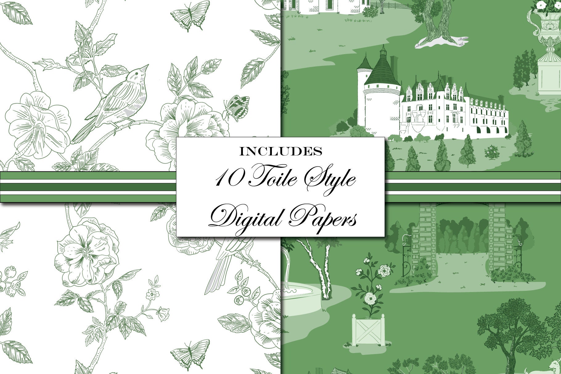 Toile De Jouy Patterns Seamless Patterns Digital Papers Green Toile Pattern For Textiles Paper