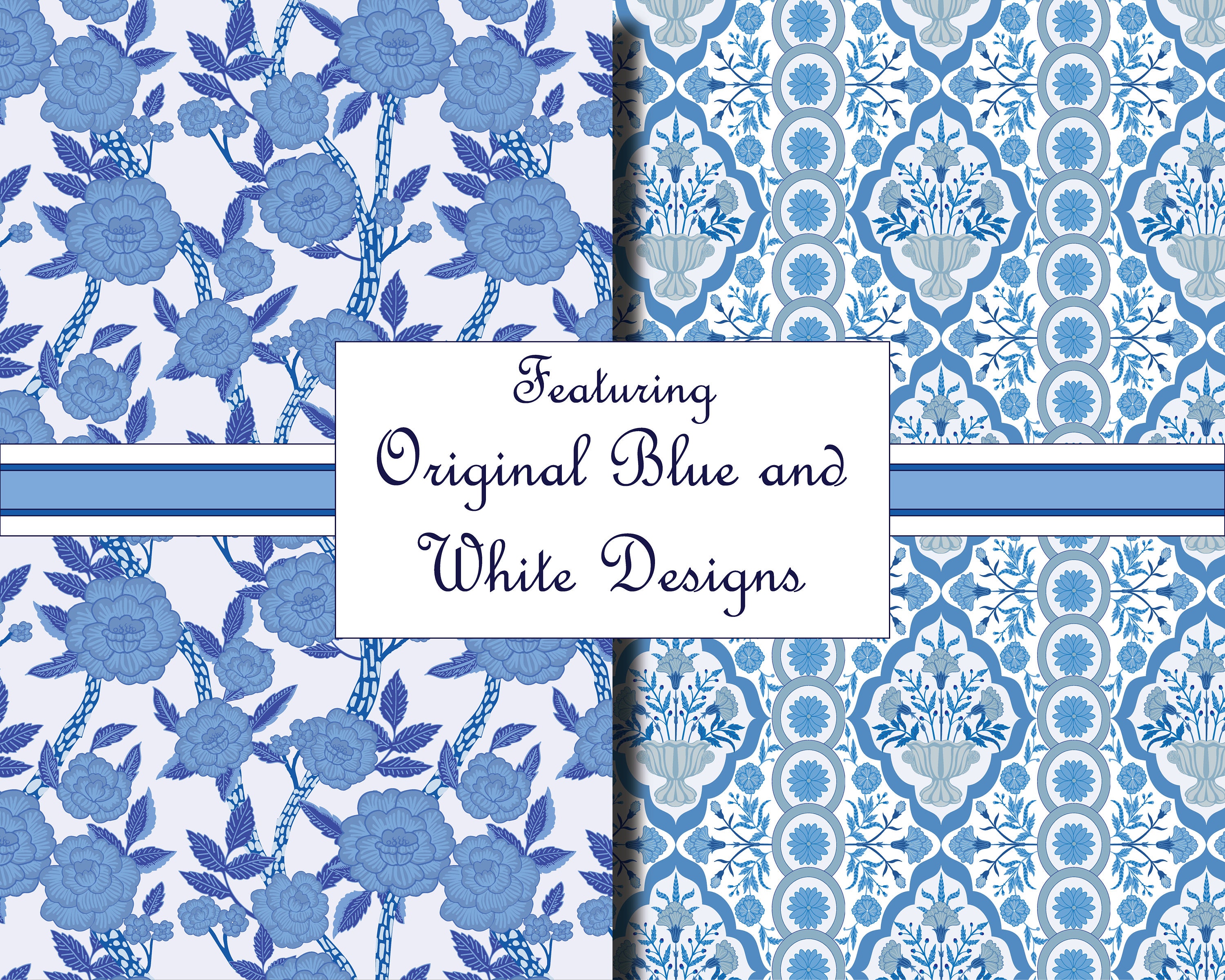Chinoiserie Digital Paper, Blue and White Patterns, Repeat Patterns, Grandmillenial Paper ...