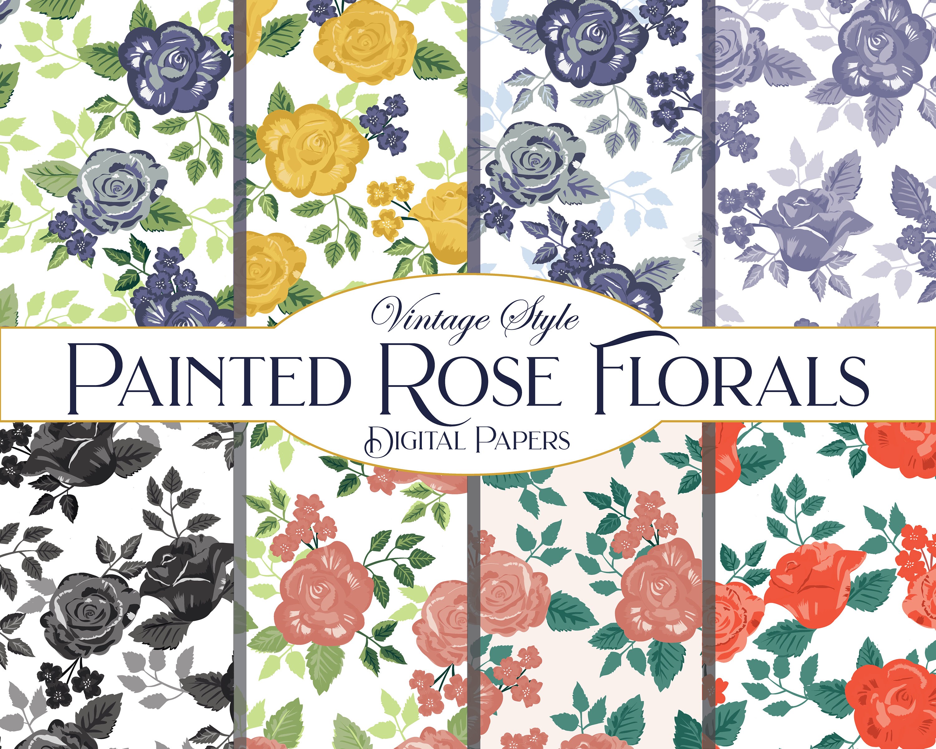 Painted Roses Digital Paper Bundle Vintage Designs Floral PNG Rose ...