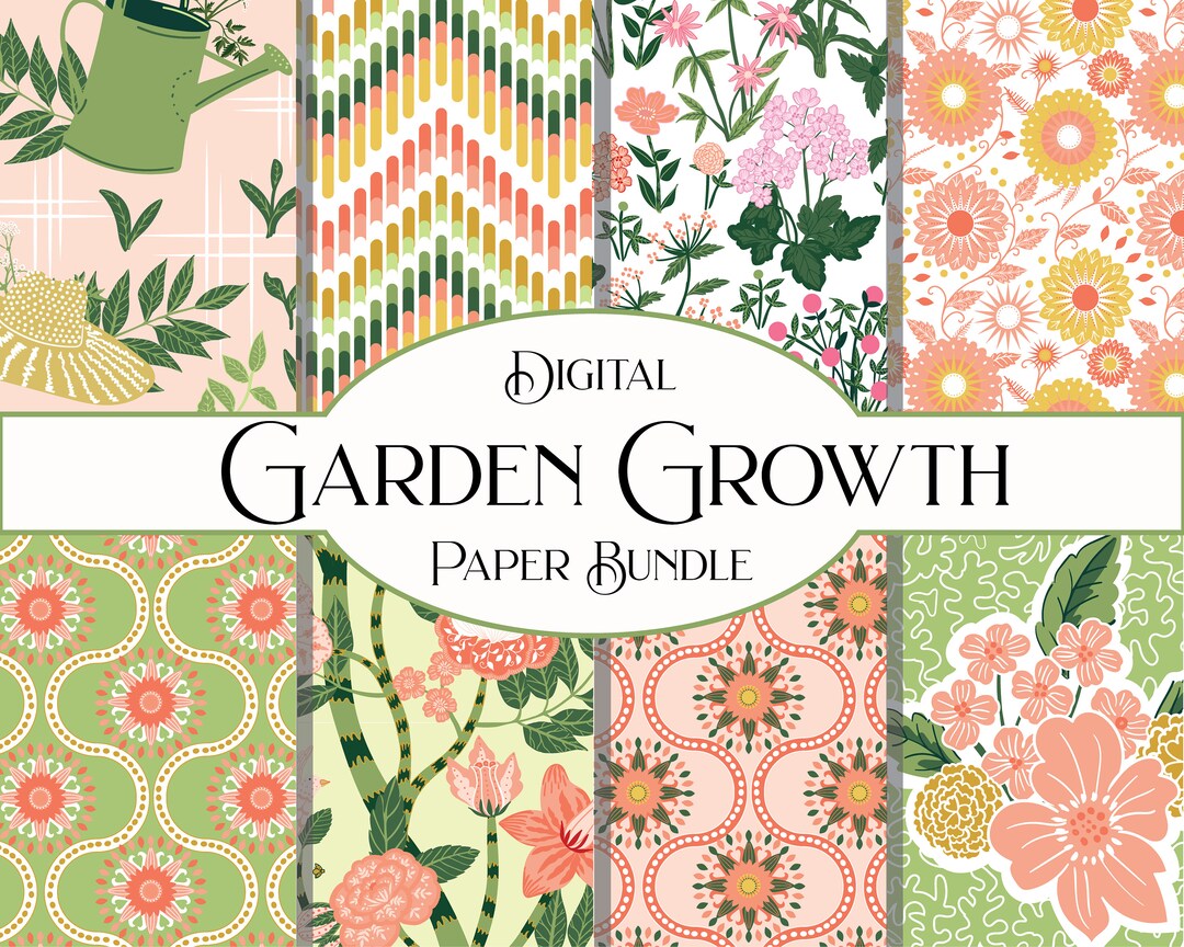 Pink and Green Scrapbooking Digital Paper, Garden Tools, Garden Flowers ...