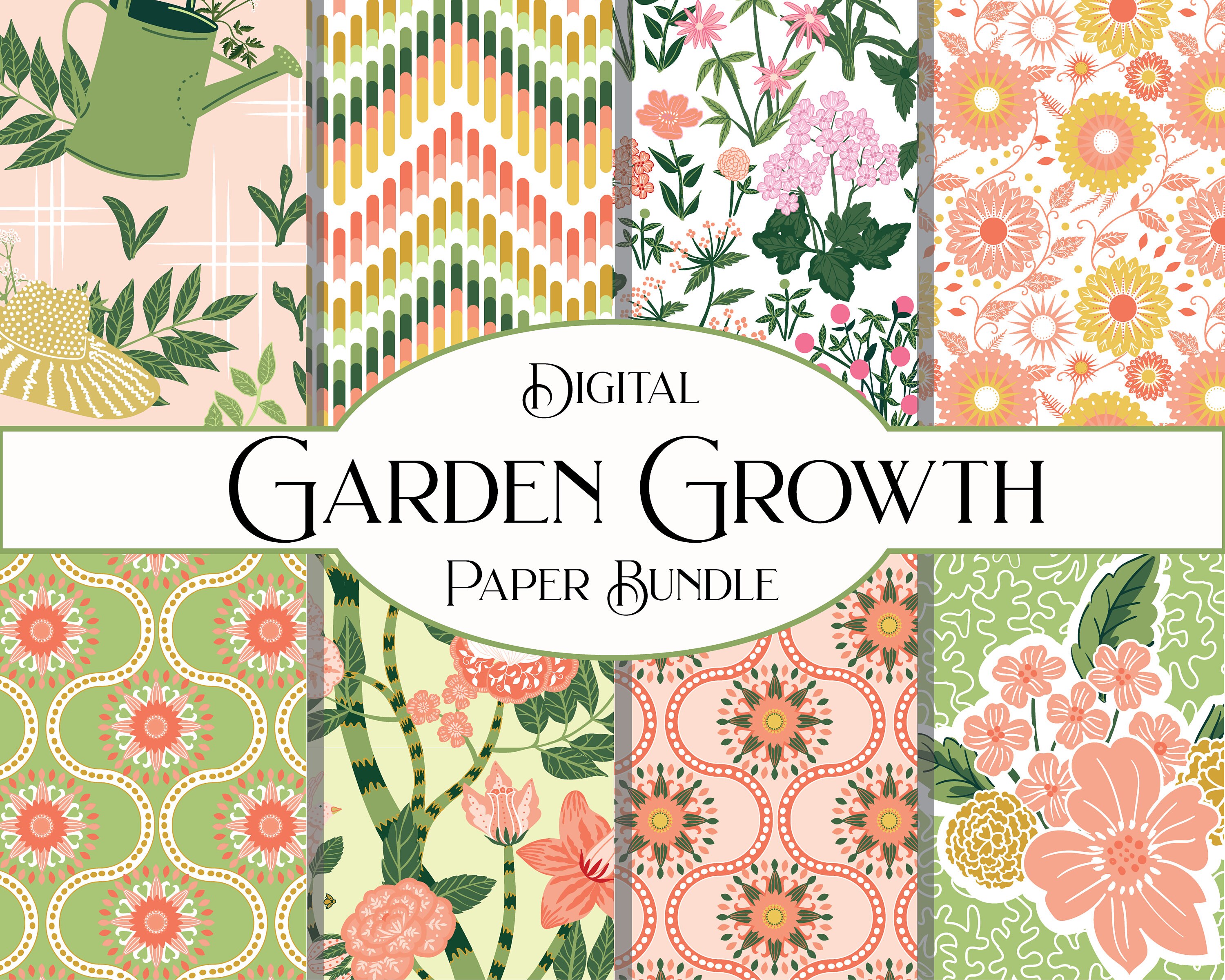 Pink and Green Scrapbooking Digital Paper, Garden Tools, Garden Flowers ...