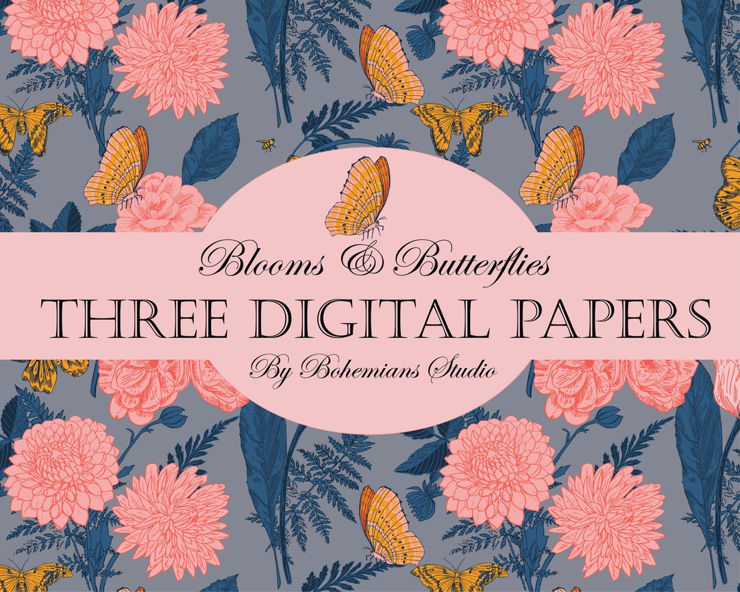 Blooms and Butterflies Digital Paper, Floral Digital Paper, Butterflies ...