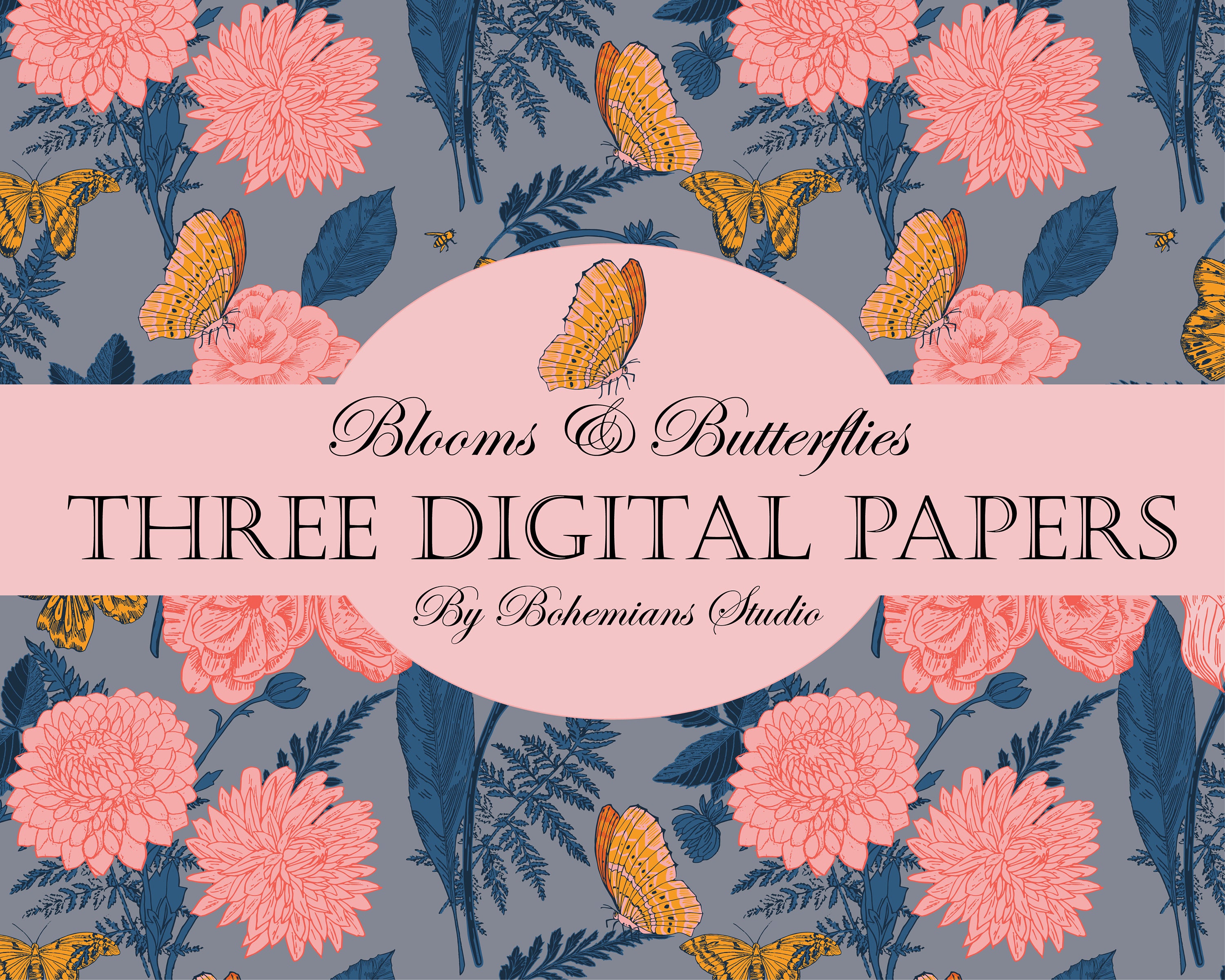 Blooms and Butterflies Digital Paper, Floral Digital Paper, Butterflies ...