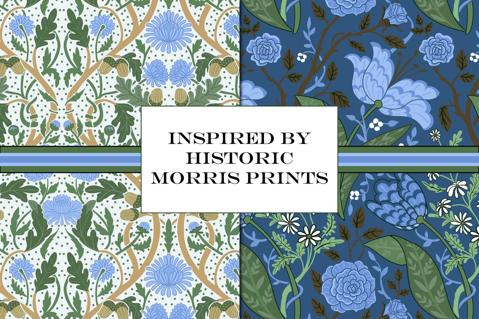 William Morris Style Floral Patterns: Blue & Green Digital Paper (PNG ...