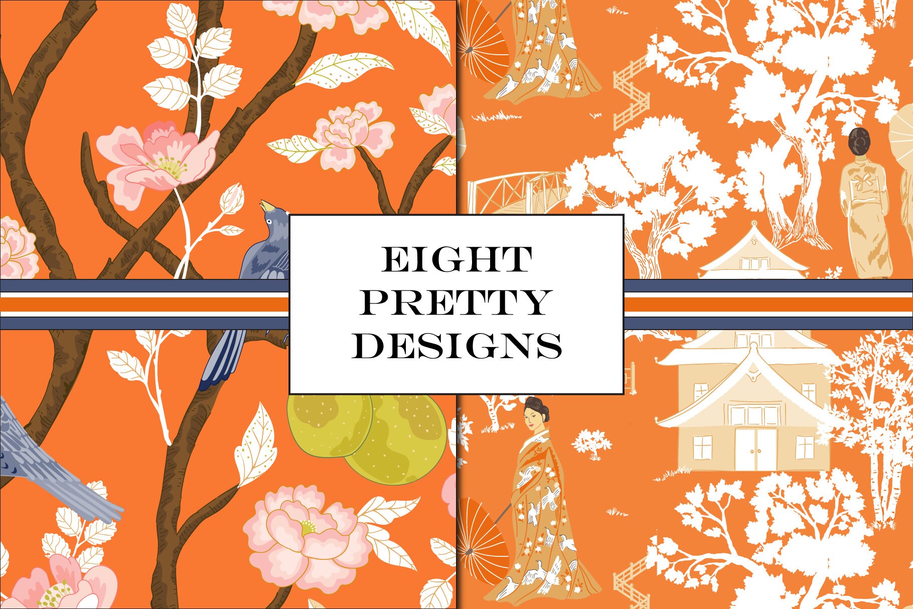 Chinoiserie Patterns Orange and Blue, Asian Style Patterns, Seamless ...