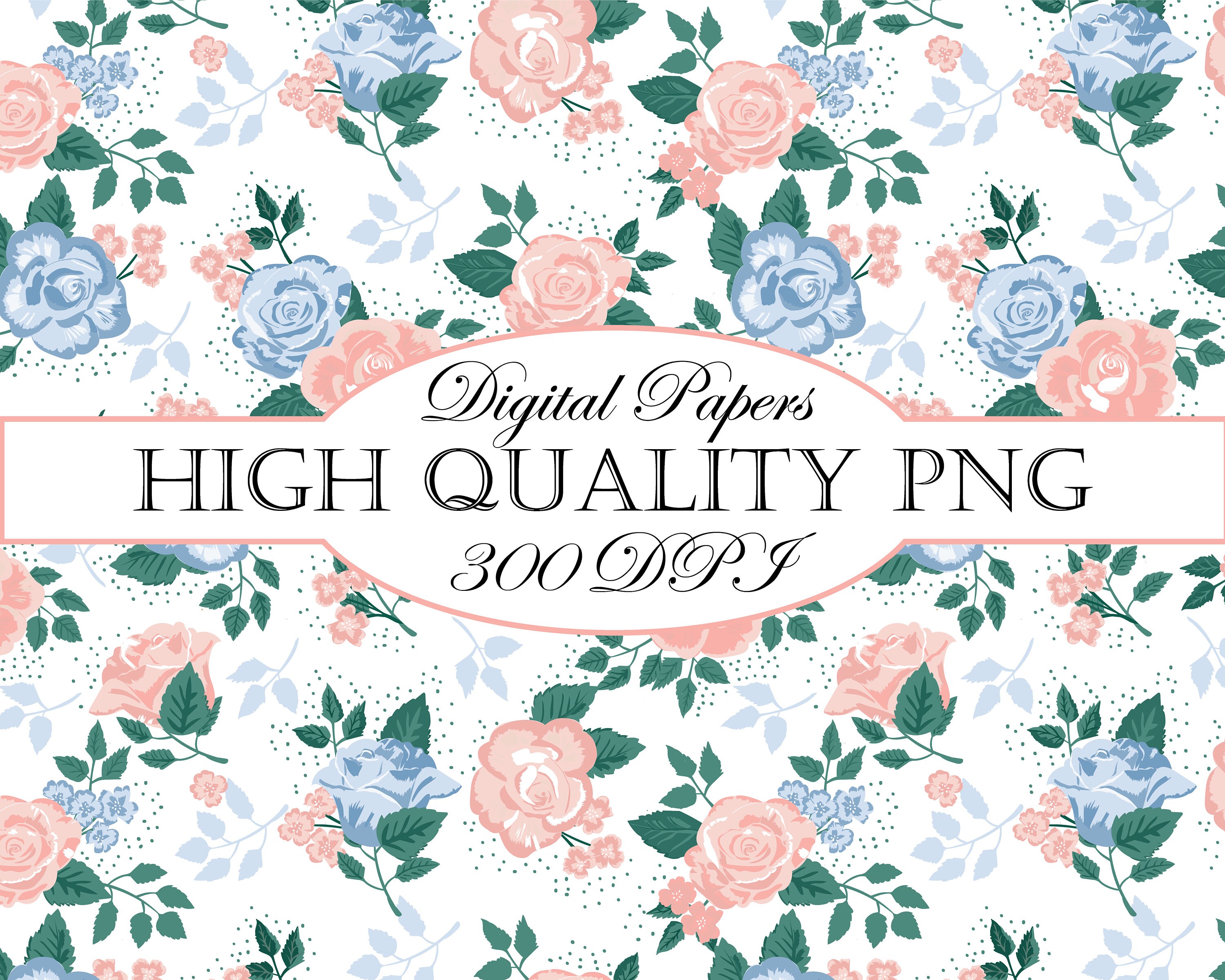 Pink Blue and Yellow Digital Papers, Vintage Charm, Florals, Bows ...