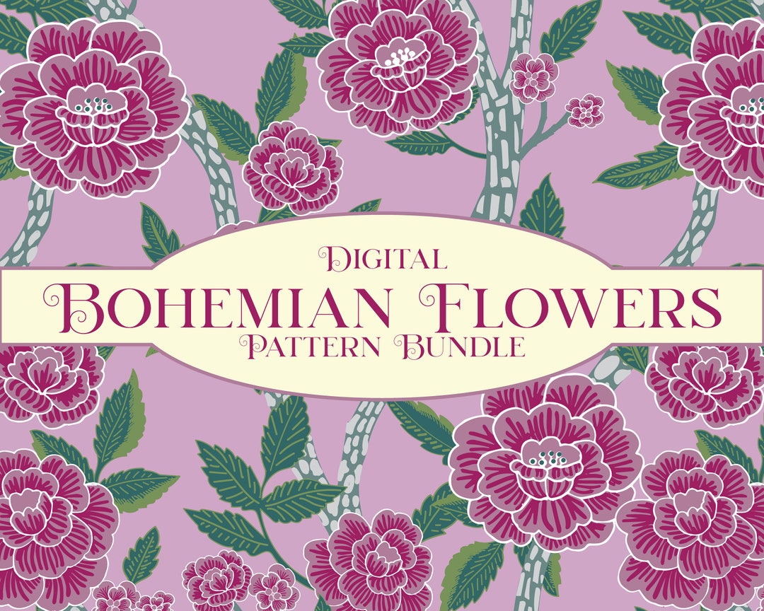 Purple Bohemian Floral Pattern: Hand-drawn Digital Paper (12x12 Inch ...
