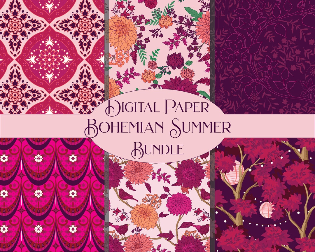 Bohemian Digital Papers Dark Purple Pink Digital Scrapbooking Papers ...