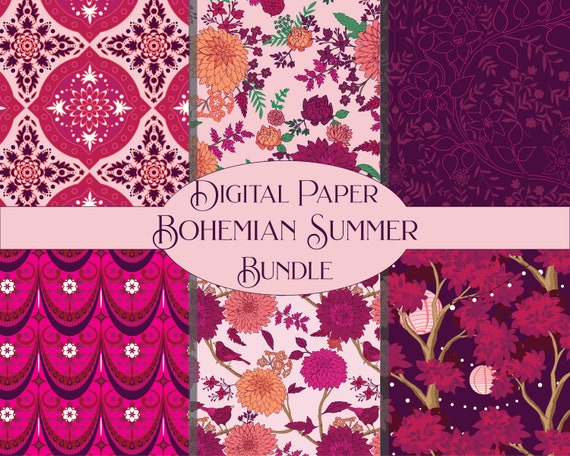 Bohemian Digital Papers Dark Purple Pink Digital Scrapbooking | Etsy