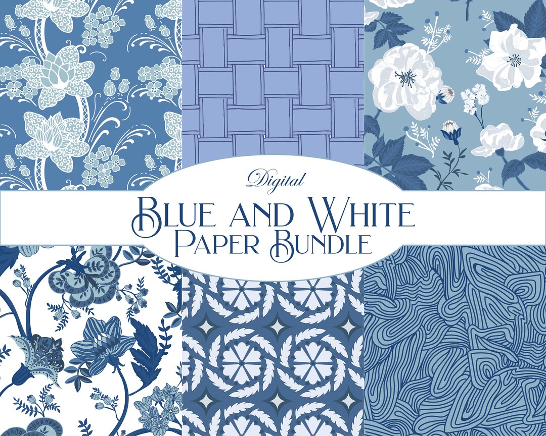 Blue and White Floral Digital Paper Bundle Digital Download ...