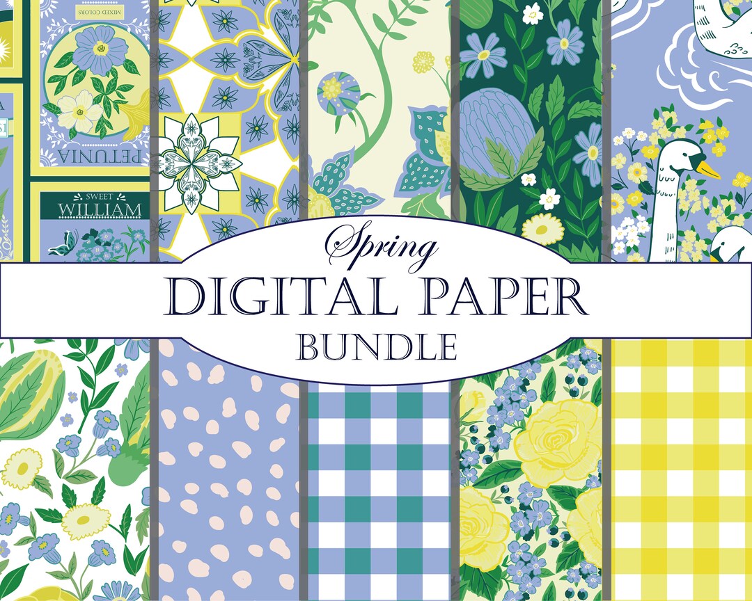 Spring Floral Digital Paper: Yellow & Blue Scrapbook Designs (PNG) - Etsy